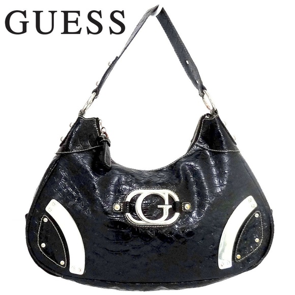 Guess | Bags | Guess Black Tote Bag Big Purse Glossy Shiny Scales ...